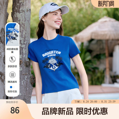 betu百图泫雅风电光蓝短款T恤2026夏复古印花圆领短袖