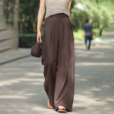 高腰纯亚麻夏薄显瘦阔腿西装裤