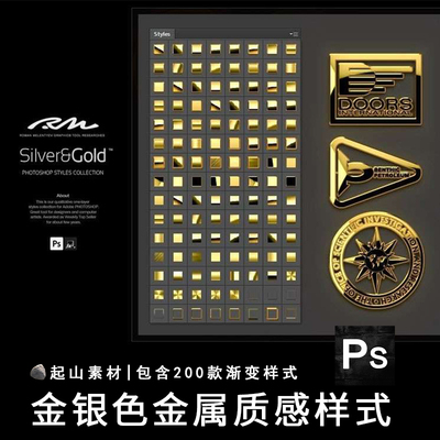 金属质感样式金色银色奖牌渐变色铜效果仿真肌理工具预设PSD素材