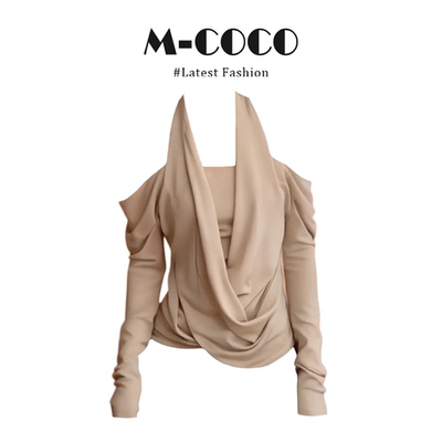 parkyeon法式纯欲风杏色假两件挂脖长袖一字肩上衣微喇裤两件套