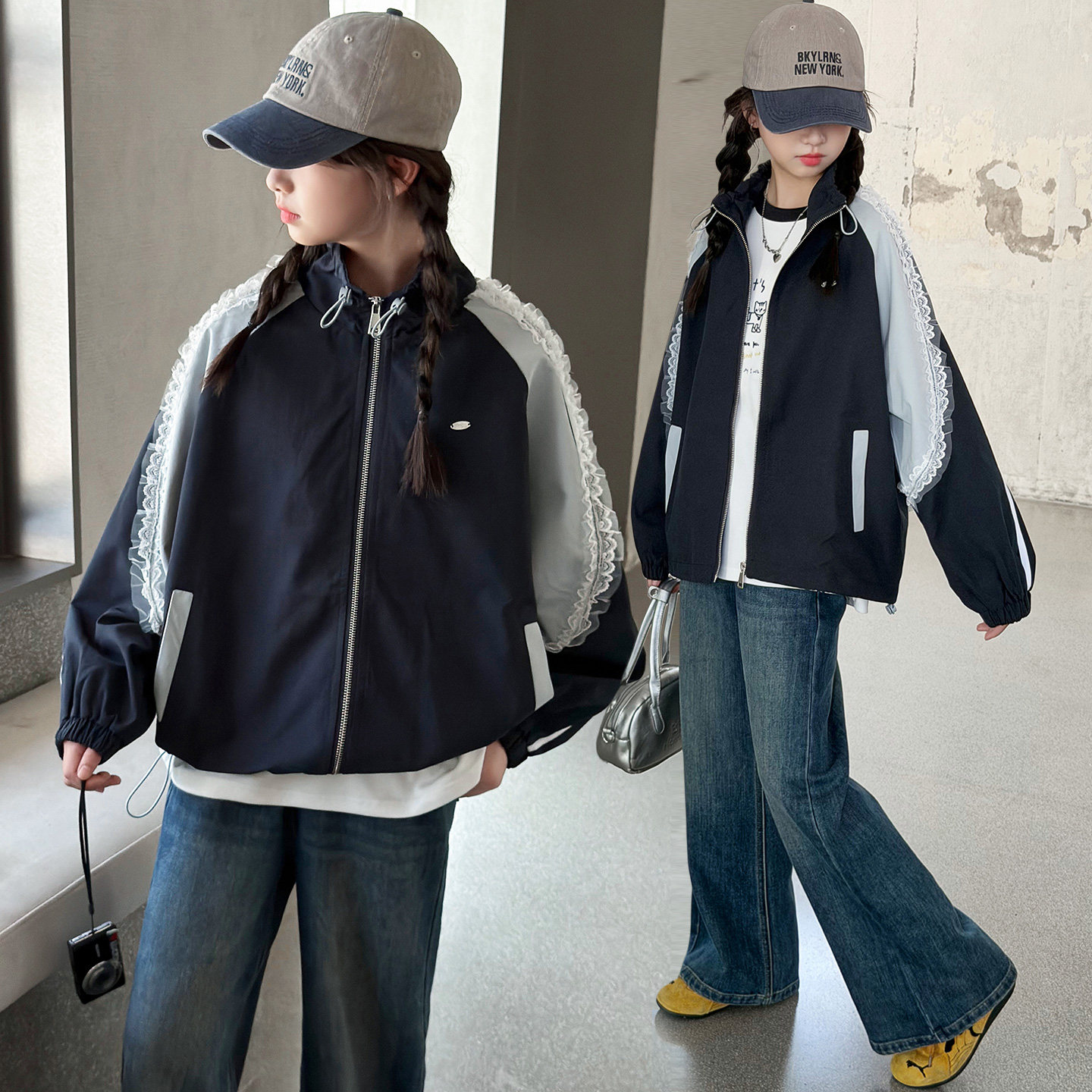 女童套装2026秋冬款蕾丝上衣拉条外套卡通印花牛仔裤显瘦百搭潮流