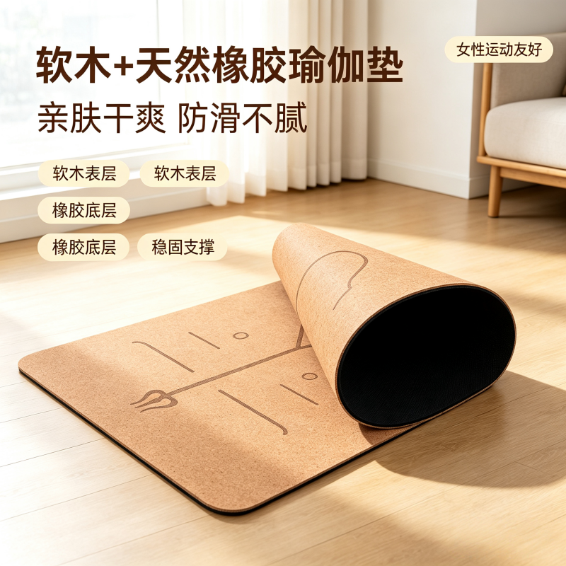 软木天然橡胶瑜伽垫女防滑亲肤干爽运动健身垫防滑不腻自然不掉渣