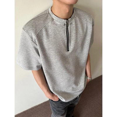 太空棉高级感半拉链垫肩t恤男cleanfit短袖美式高街设计感半袖