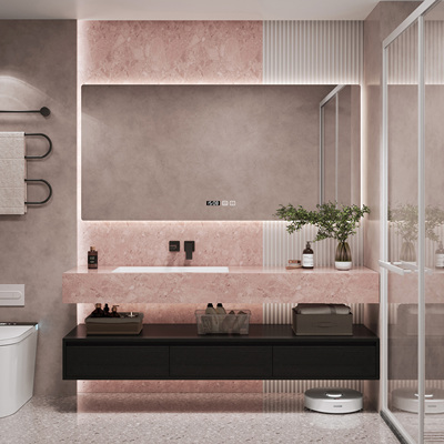 水磨石粉岩板陶瓷无缝一体盆轻奢浴室柜组合卫生间洗手洗脸洗漱台