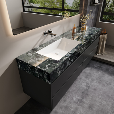 普拉达绿岩板陶瓷无缝一体双盆浴室柜轻奢卫生间洗漱台洗脸盆定制