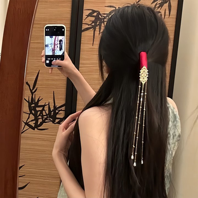 山沐手作「红鸾天禧」新中式红色流苏发夹女半扎发饰国风新年头饰