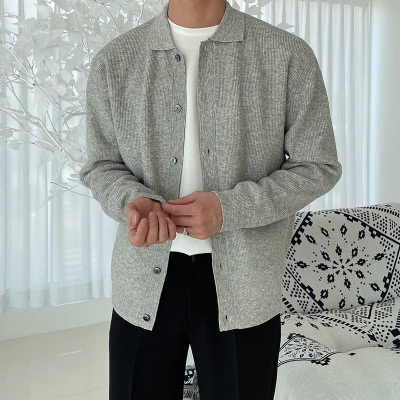 Navy blue knitted cardigan men's single button lapel jacket