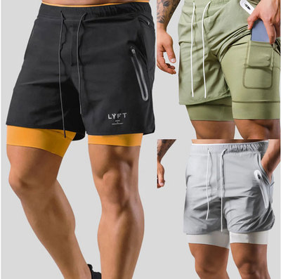 Design pockets zipper 2 in 1 shorts men gym sport bottoms