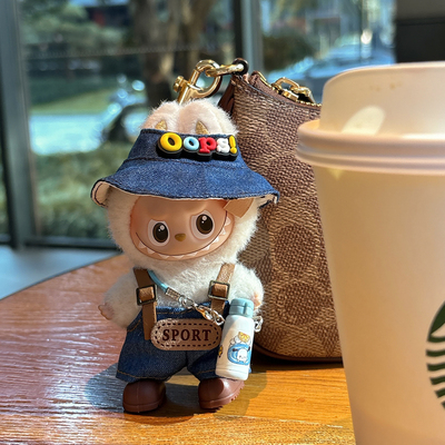 原创！labubu4.0四代娃衣迷你10cm小鼻噶蓝色运动牛仔背带裤套装