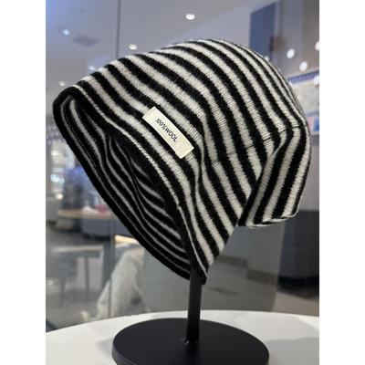 日系复古简约条纹100%羊毛堆堆帽大头围男女秋冬时尚百搭保暖冷帽