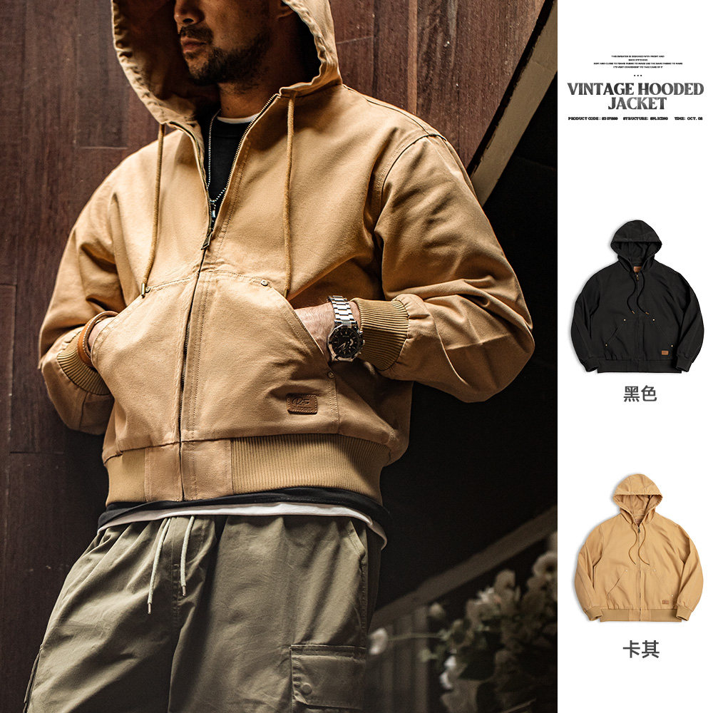 马登工装美式复古J130重磅连帽夹克vintage帆布短款boxy外套男秋