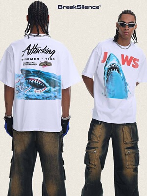美式潮牌大白鲨JAWS1993数码直喷印花做旧短袖T恤男宽松纯棉半袖