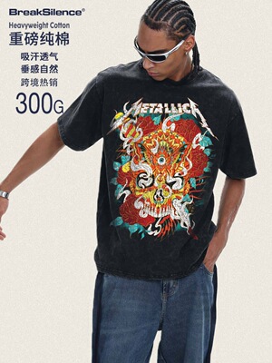 欧美摇滚Metallica乐队骷髅印花T恤水洗做旧300g重磅纯棉半袖男女