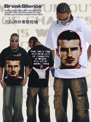 David Beckham人物印花美式高街oversize宽松纯棉小领口短袖T恤男
