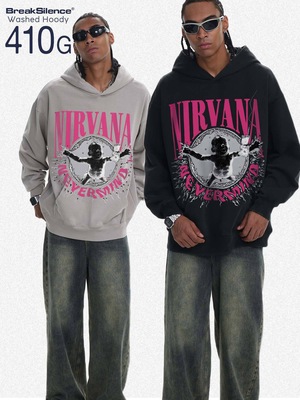 Nevermind摇滚数码直喷重磅水洗连帽卫衣男美式潮牌宽松重磅外套