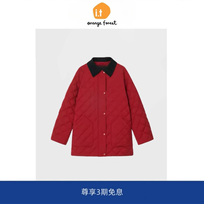 it :orange forest羽绒服新年红菱形格绗缝中长款夹克外套
