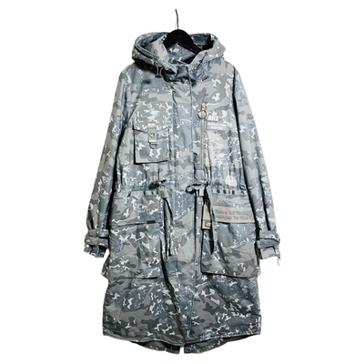 圣迪家女士连帽收腰迷彩中长款全棉风衣外套1816