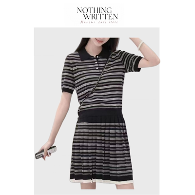 【现货】Nothing Written Narchi套装条纹POLO领针织衫短款半身裙