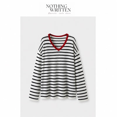 【现货】Nothing Written Narchi撞色V领条纹长袖T恤宽松罩衫上衣