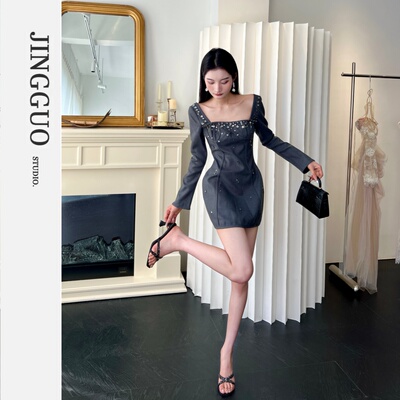 【JINGGUO轻奢】小众设计秋冬重工钉珠磨毛加厚灰修身连衣裙7218