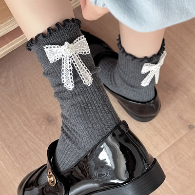 深灰色花边蕾丝蝴蝶结中筒袜