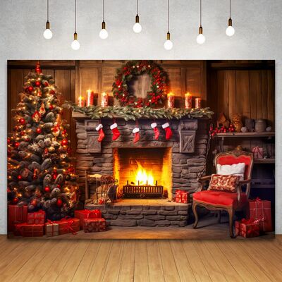 Christmas Photography Backdrop Xmas Tree Window Fireplace