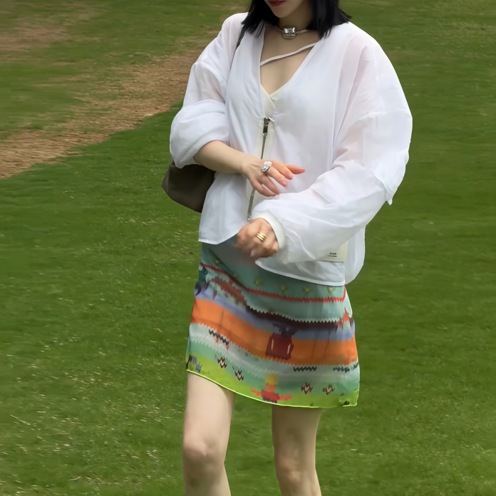 夏季新款时尚显瘦百搭休闲风长袖防晒V领防晒服沙滩印花短裙套装