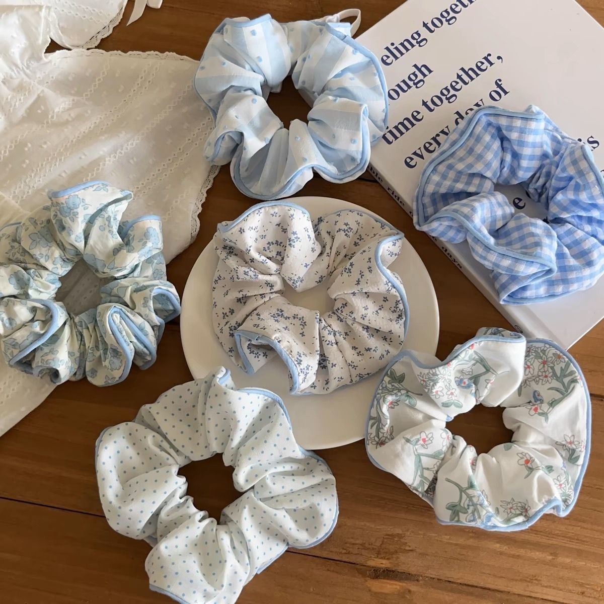 海盐蓝色系波点格纹布艺大肠碎花头绳甜美发饰扎发皮筋发圈品