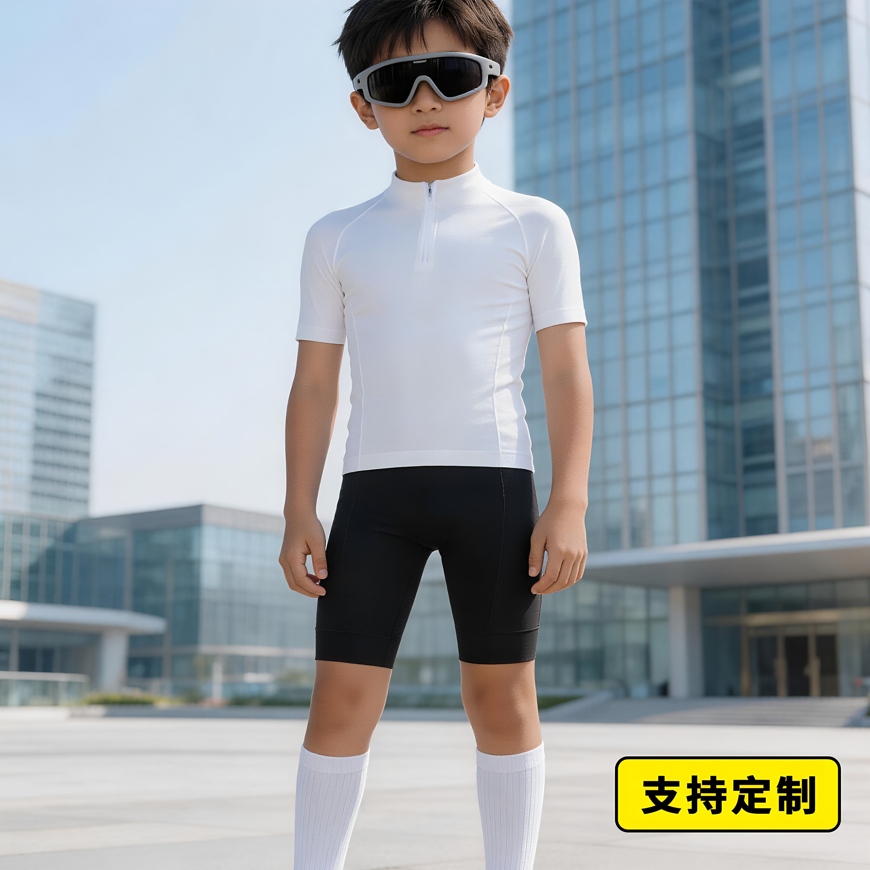 儿童骑行服短拉链平衡车短袖上衣夏季男女童纯白户外运动体能T恤
