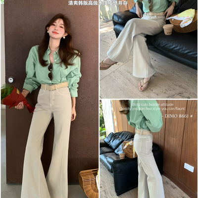 DIMO十三行原创韩版洗水立体线条喇叭裤牛仔裤配腰带