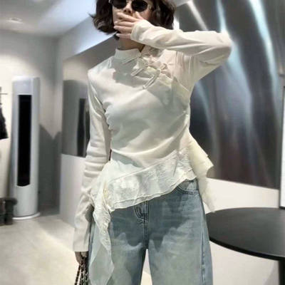 欧货新款新中式气质盘扣丝绒立领荷叶边弹力长袖T恤小衫打底衫潮