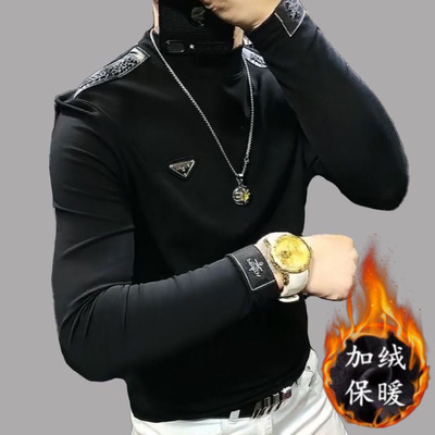 冬季加绒加厚长袖T恤男高端欧货潮流字母轻奢寸领网红黑色打底衫