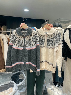 直邮 首尔印象韩代 25fw CELLONA费尔岛花纹拉链翻领毛衣针织外套