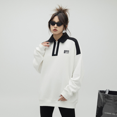 拼接翻领卫衣POLO衫上衣女