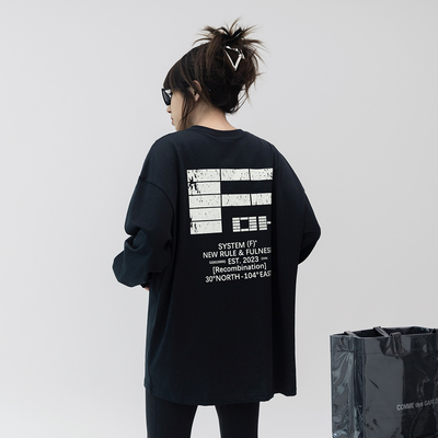 潮牌后背印花圆领长袖T恤女春季新款宽松内搭打底上衣