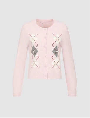 SH&UR2026春季新款女装休闲学院风菱格蝴蝶结针织开衫UYY96000