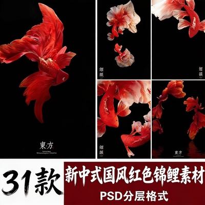 新中式国风红色锦鲤鱼 婚纱 孕妇照 写真合成PSD模板素材