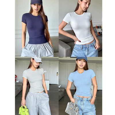 丸丸maruco 蚕丝坑条弹力修身半高领T恤 显瘦美式打底衫