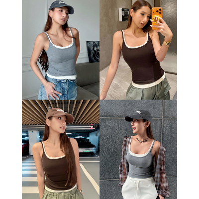 自带无痕胸垫~进口材质！裸感丝滑遮副乳假两件背心吊带显身材