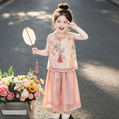 女童中国风汉服套装2026夏季新款女孩甜美中式超仙花卉印花两件套