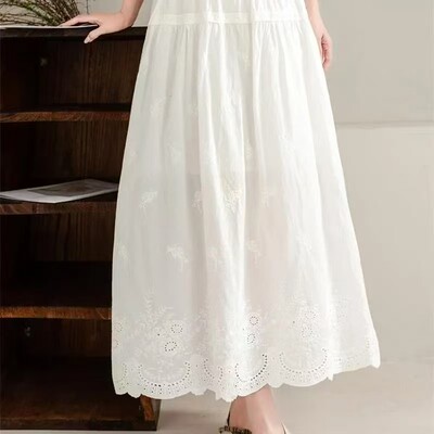 法式镂空纯棉高腰半身裙女春季新款文艺时尚纯色过膝伞裙S33
