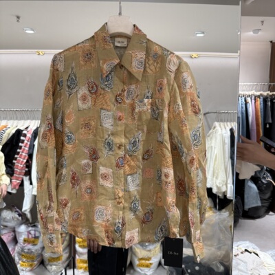 欧洲站2026春季翻领撞色印花图案复古港味风时尚长袖衬衫女38060