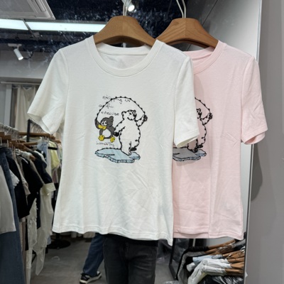 欧洲站2026夏季新款圆领印花卡通图案显瘦套头款女士粉色短袖8518