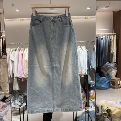 欧洲站2026春季新款时尚韩系风高腰烫钻百搭直筒牛仔半裙潮90288