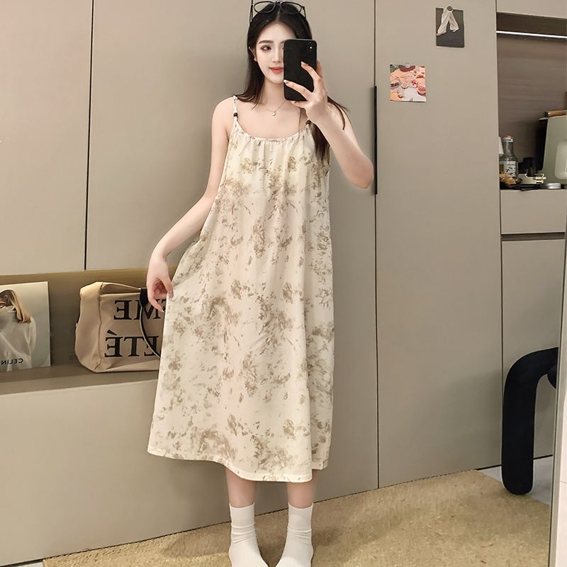 带胸垫睡裙女夏季莱赛尔家居服连衣裙吊带碎花中长款荡领休闲家居