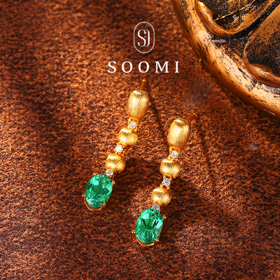 拉丝培育祖母绿耳钉925纯银