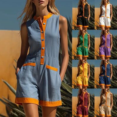 圆领拼色口袋连体短裤Round neck color blocked pocket jumpsuit