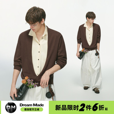 Dream made宫廷风假两件高领开衫毛衣男秋季人夫感穿搭情侣针织衫