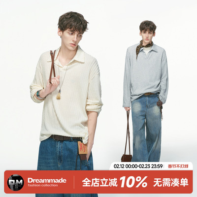 Dream made 老钱风麦穗纹高知感针织POLO衫男秋季通勤V领长袖T恤