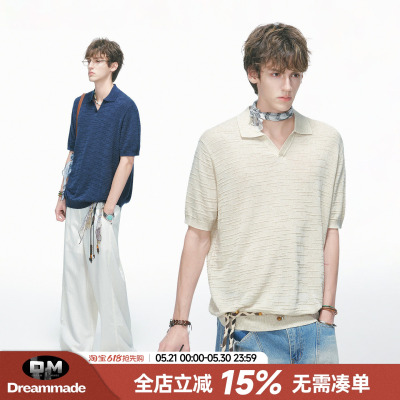 Dream made天丝亚麻V领针织POLO衫短袖男款夏季透气老钱风男生T恤